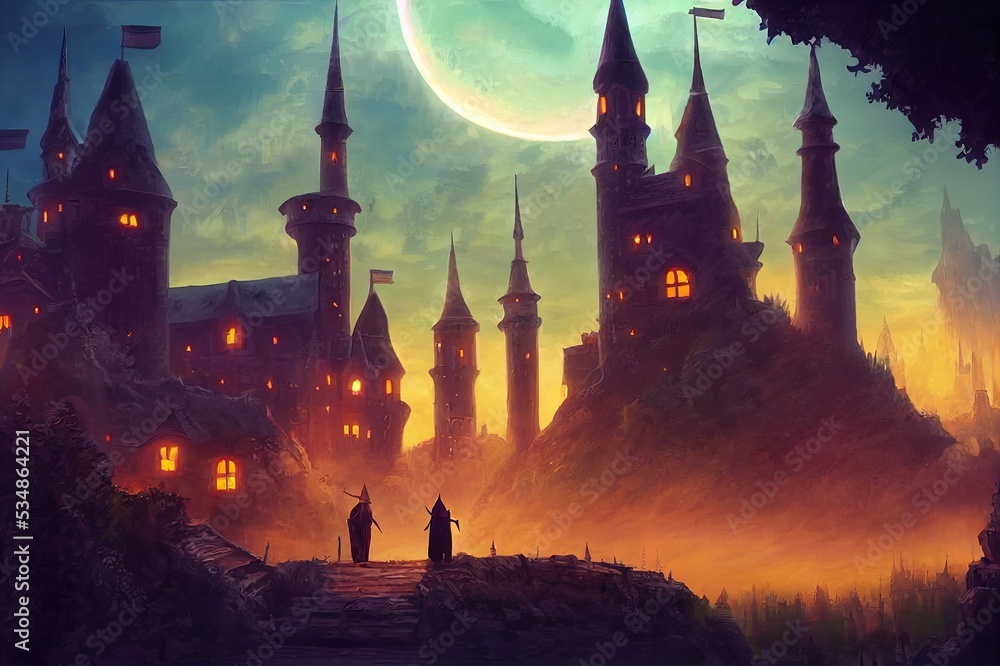 The Entrance of Magic School. Wizard Academy. Fantasy Castle and Town ...