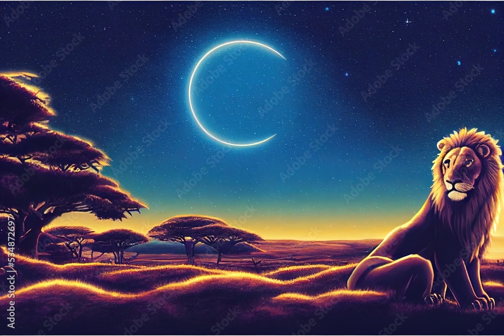 African lion and night savannah in Africa. Moonlight landscape with ...