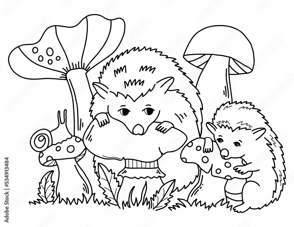 Coloring Page outline of cartoon cute hedgehogs in the forest with ...