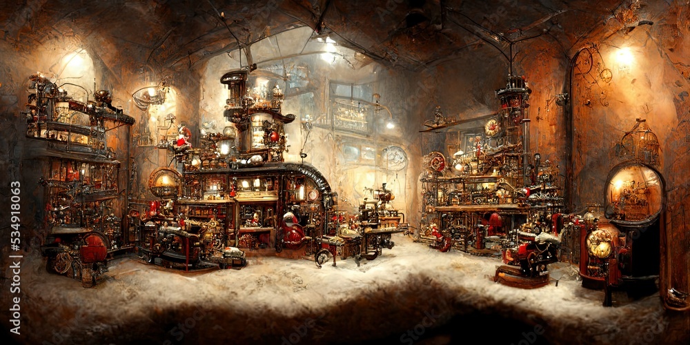 Fairy tale Santa's toy factory, Christmas scene, winter illustration ...