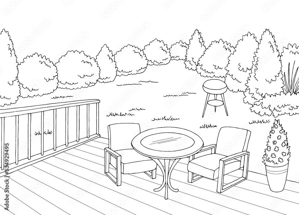 Backyard deck garden graphic black white sketch illustration vector ...