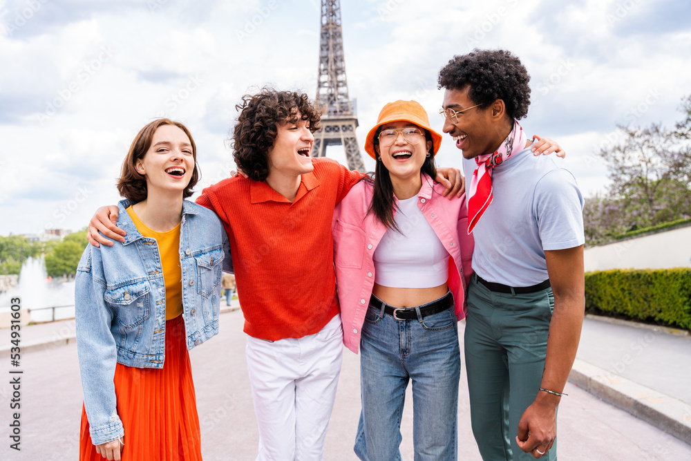 Multiethnic group of young happy teens friends bonding and having fun ...