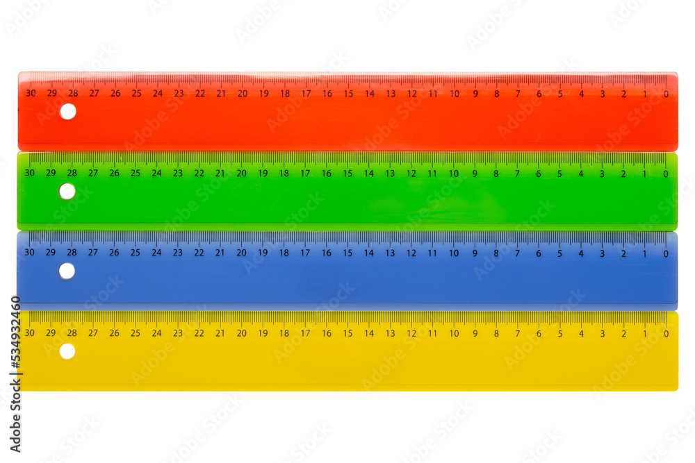 Four colored rulers, with a metric scale for measurements from right to ...