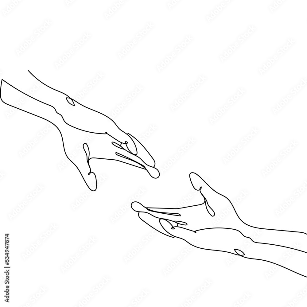 Continuous line drawing of two hands barely touching one another ...