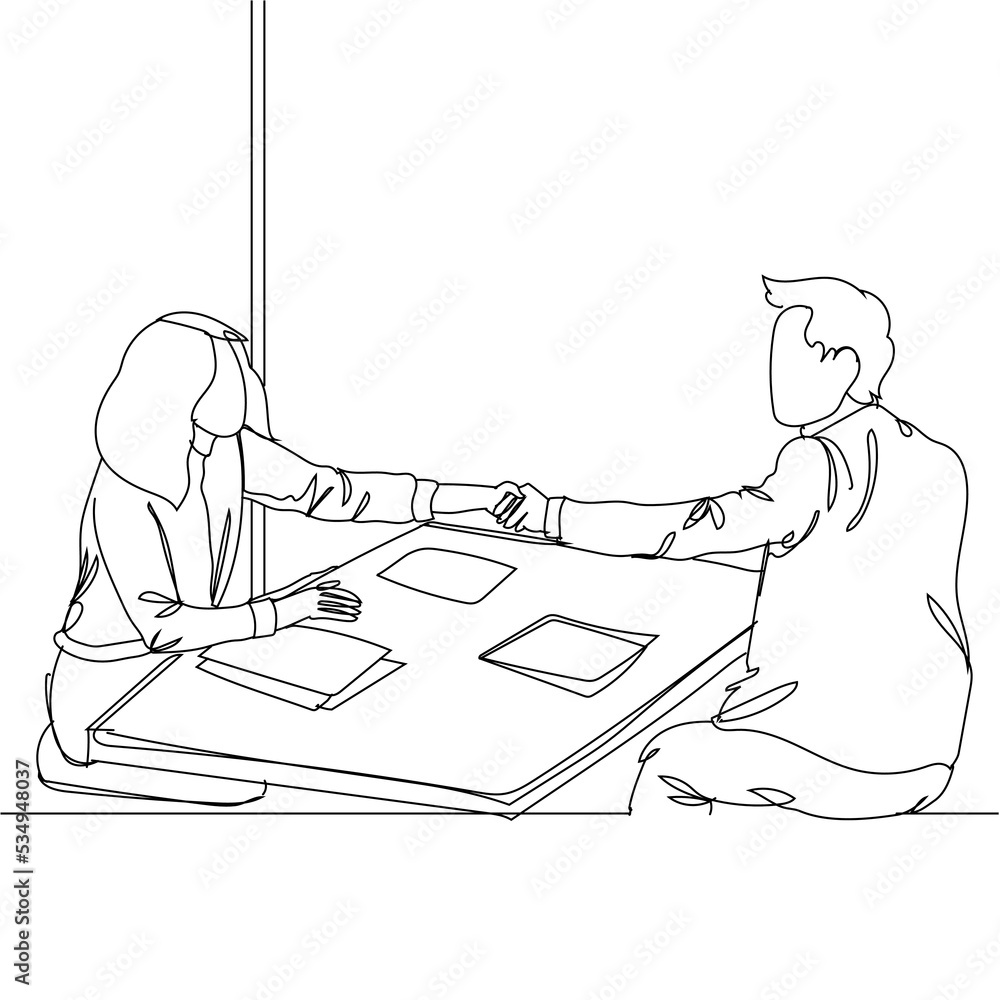 Continuous line drawing of business people handshake. Business ...