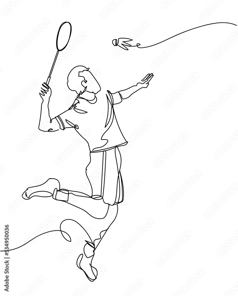 Single continuous line drawing of badminton players who are playing ...