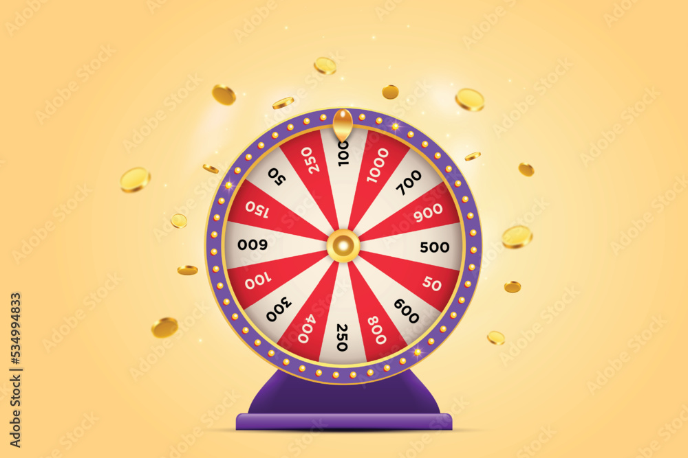 Vector illustration of purple spinning fortune wheel with golden flying ...