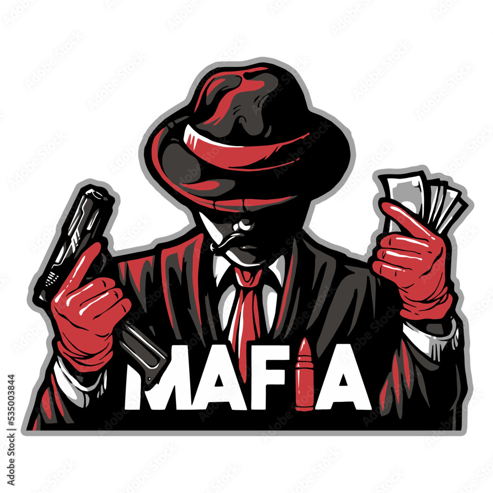 mafia gangster in hat with gun and money, vector, logo, cartoon, mascot ...
