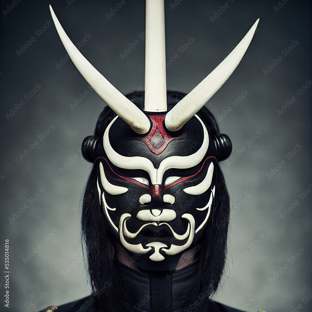 Oni Samurai Mask. Japanese Bushido Art. Black on White. Oni are yōkai ...