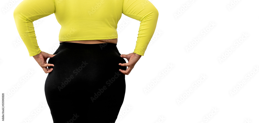 The back of a fat woman using hands to pinch on the hips Which is large ...
