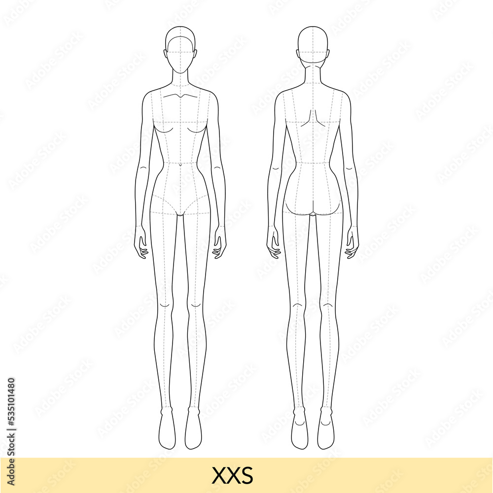 XXS size Women Fashion template 9 nine head size Croquis Lady with main ...