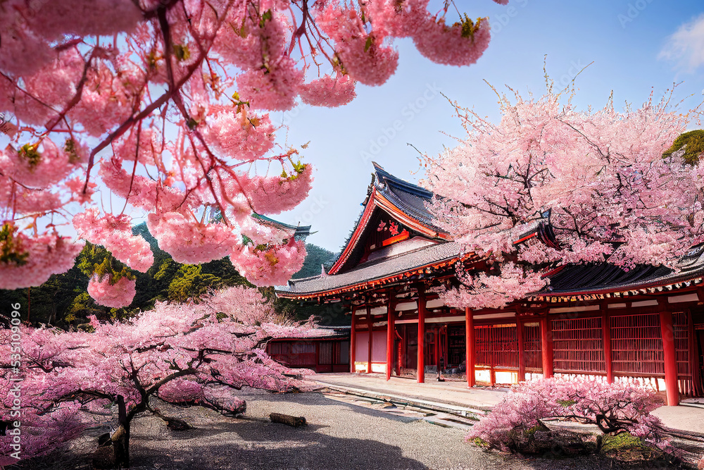 Illustration Stock Beautiful japan temple in blossoming sakura garden, pink cherry trees, nature ...