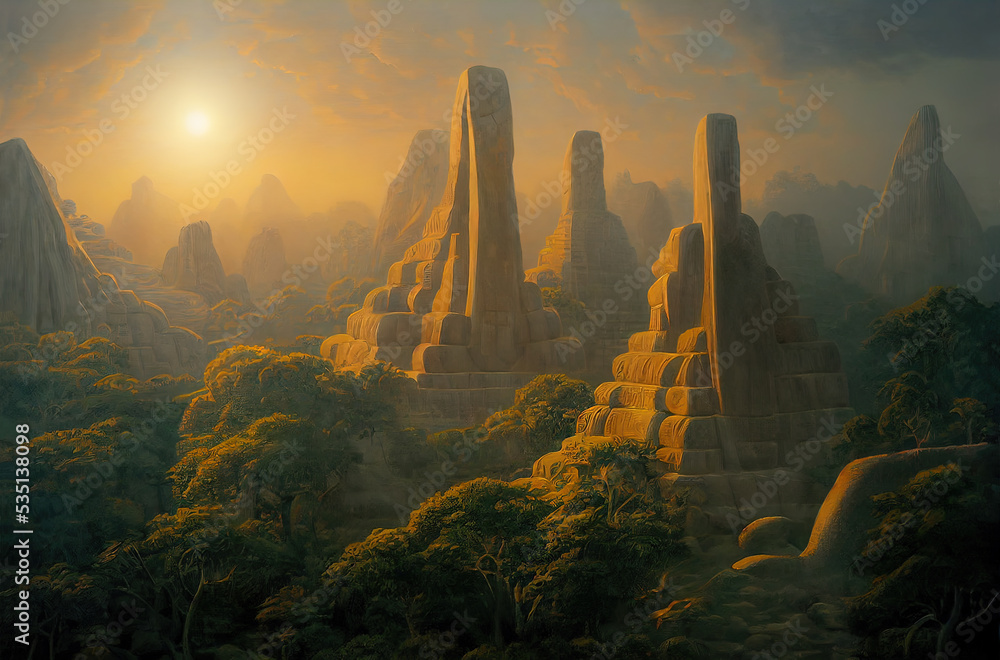 Stock-Illustration „Ancient Aztec stone structures lost in the jungle ...