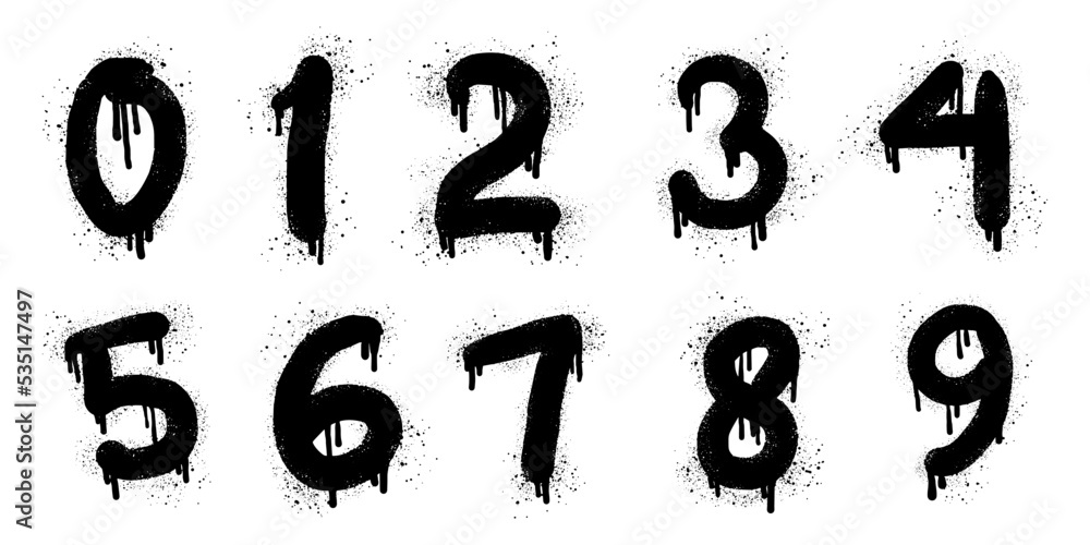 Spray painted graffiti of number on set. alphabet drip symbol. isolated ...