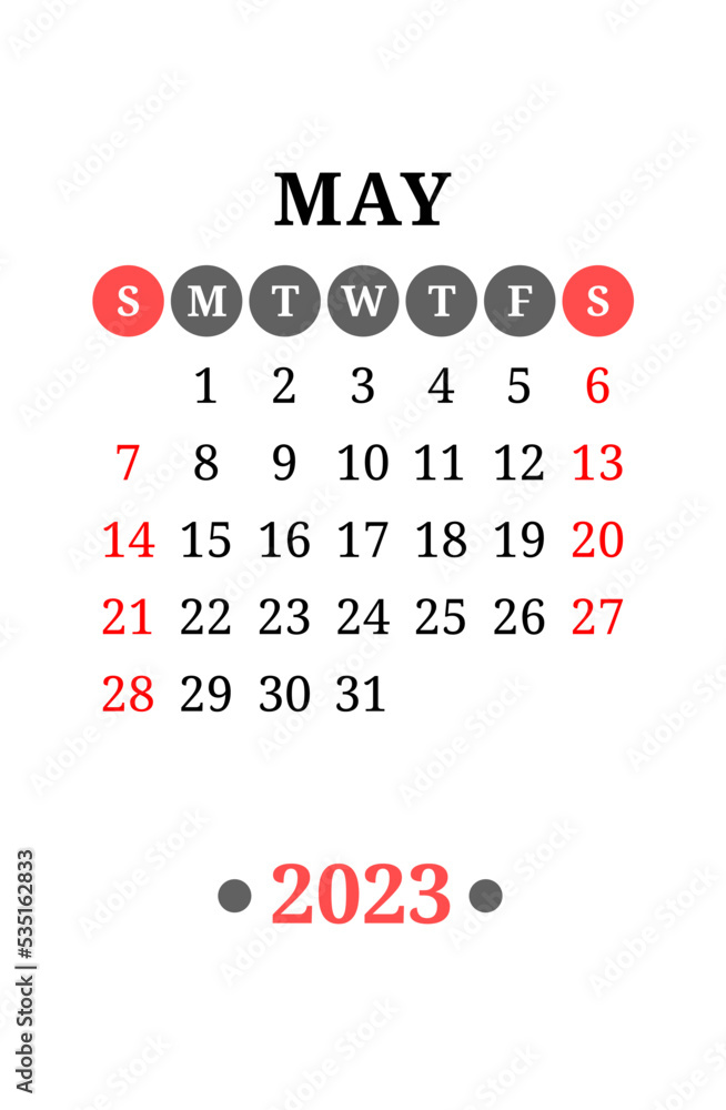 May calendar design 2023 year. English vector wall or pocket calender ...