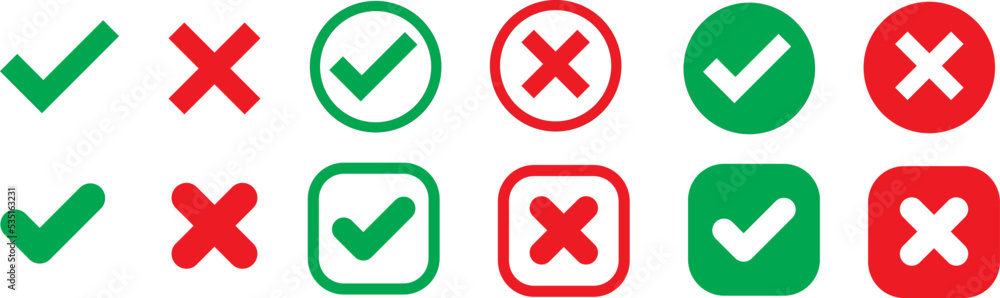 Green check mark, red cross mark icon set. Isolated tick symbols, checklist signs, approval ...