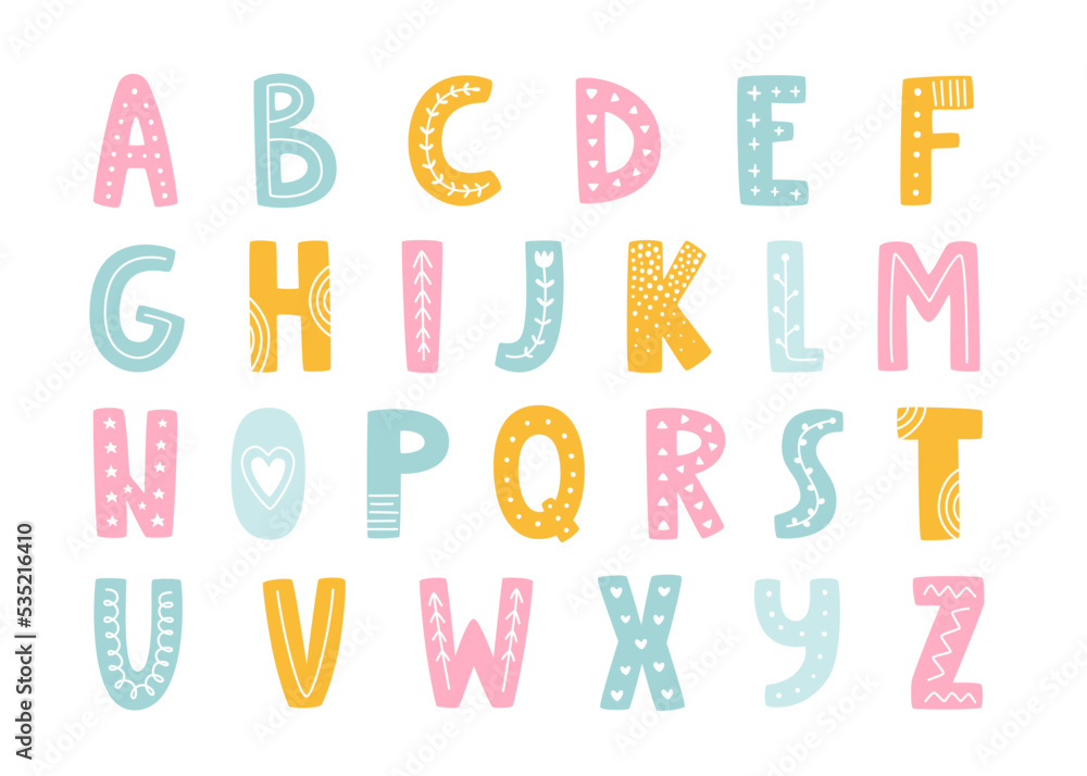 Cute girly alphabet in scandinavian style. Doodle typeface characters ...