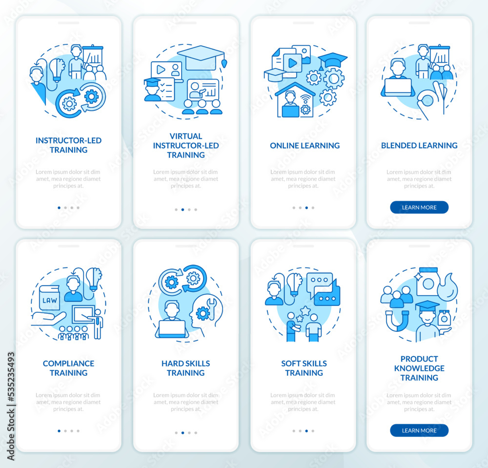 Developing training programs blue onboarding mobile app screen set ...