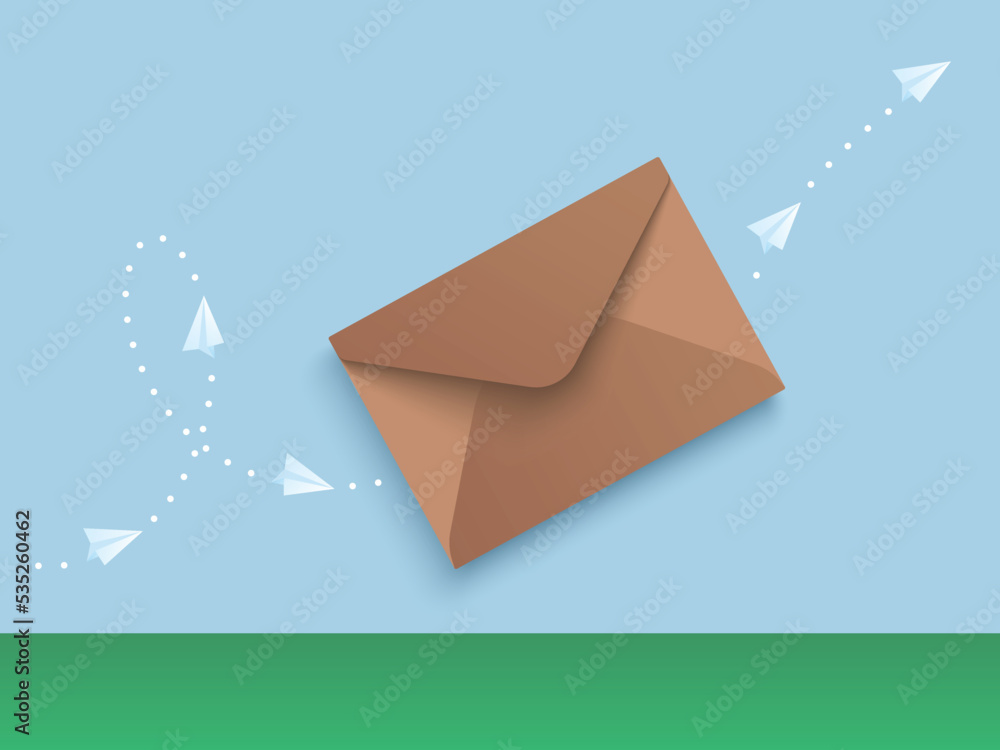 Vector illustration of brown flying envelope with direction indicated ...