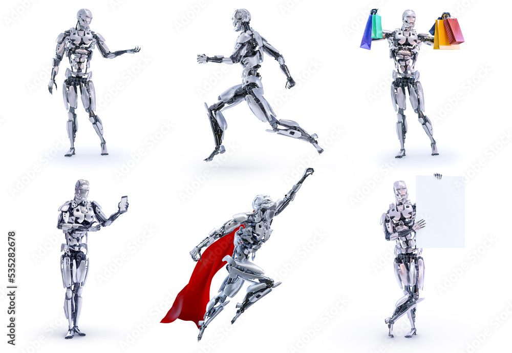Humanoid robots posing. AI cyber bots characters. Future Android robots ...