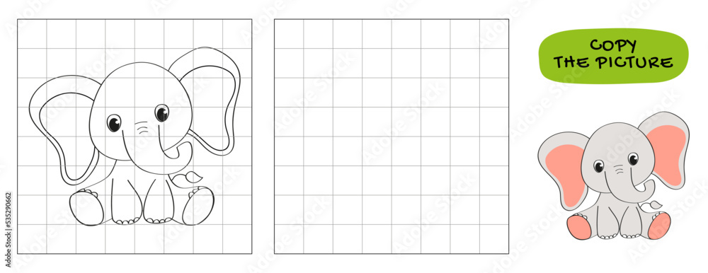 Copy the symmetrical drawing of a cute elephant in cages. Drawing task ...