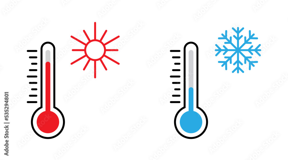 Conjunto de iconos de termómetro. Temperatura caliente y frío. Estado ...