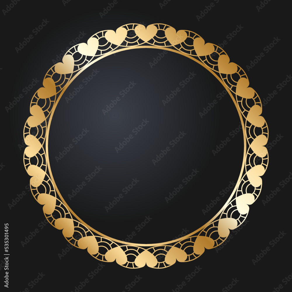 Beautiful round golden frame with hearts. Festive design. Gold border ...