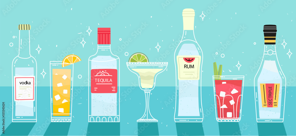 Different cocktails and alcohol on the table. Illustration with ...