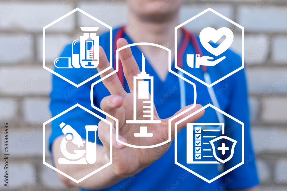 Doctor using virtual touchscreen represents syringe icon. Vaccine ...