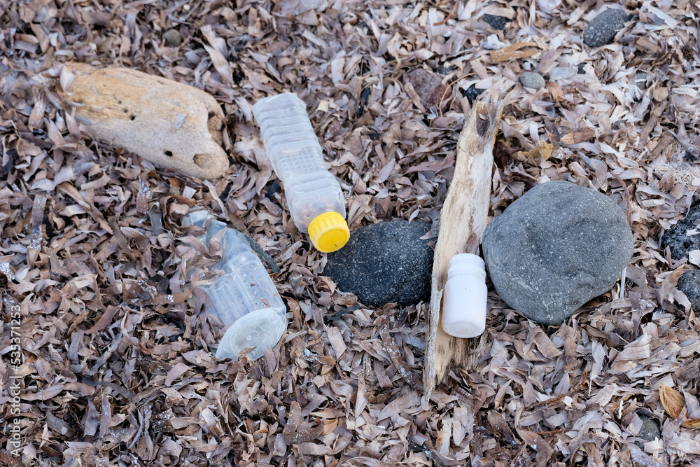 A variety of plastic bottles and waste on the beach of a remote ...