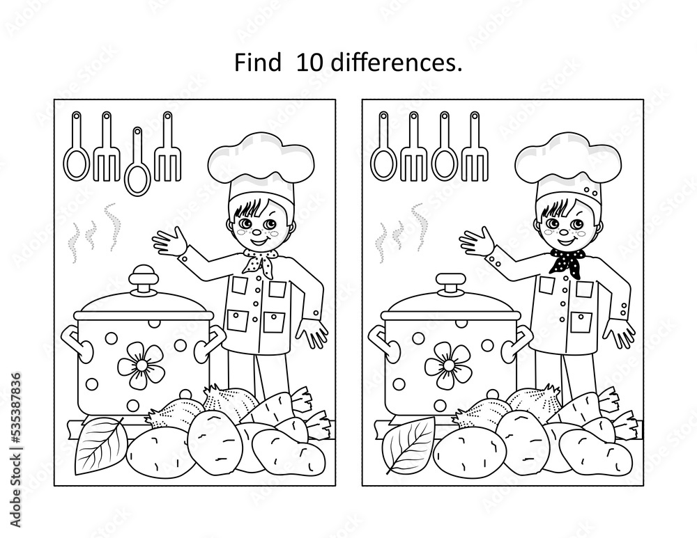 Find 10 differences visual puzzle and coloring page with little chef ...