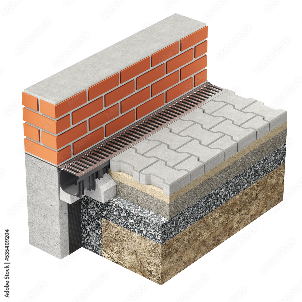 Cross section of drainage system concept with channel between brick ...