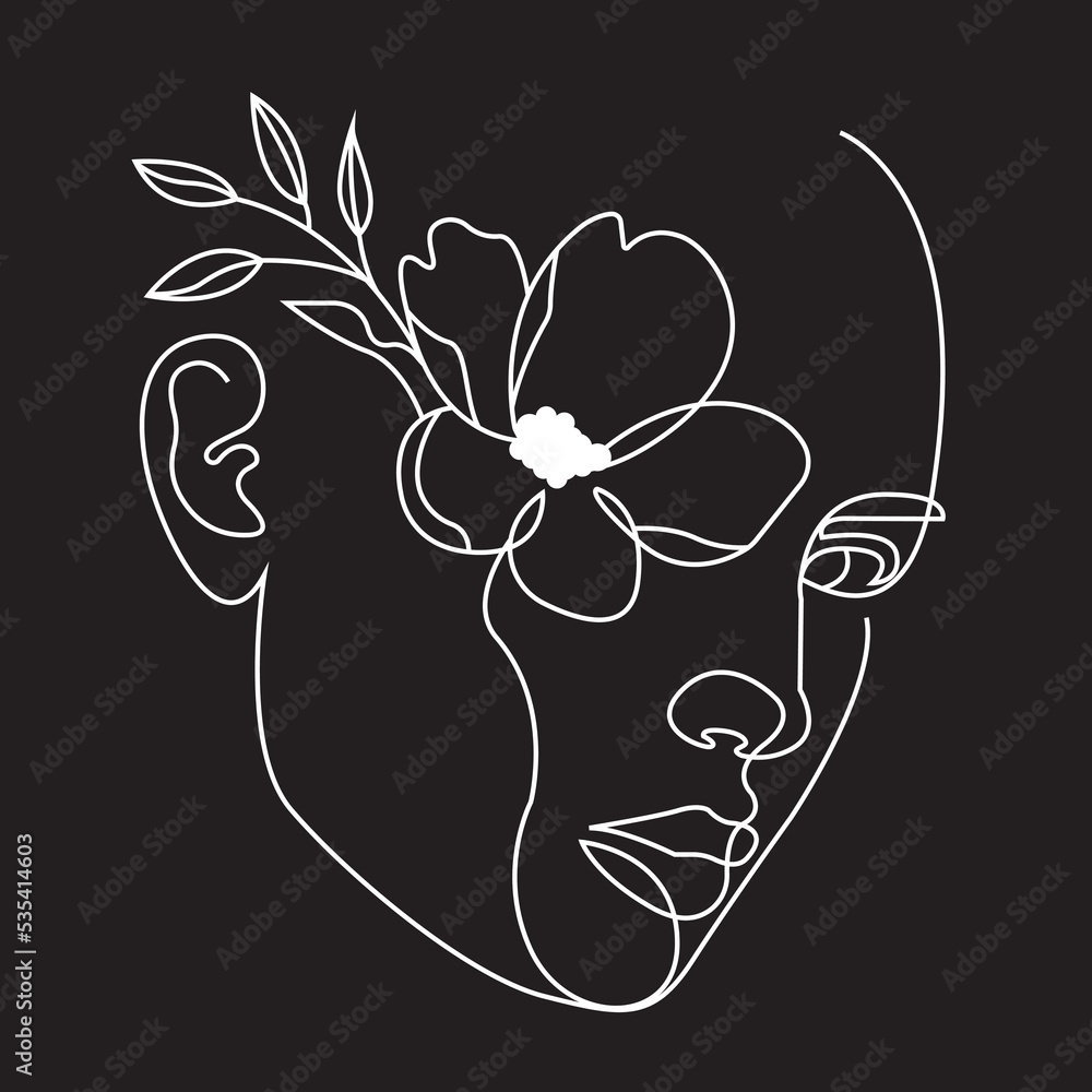 Floral woman face line art. Minimalistic vector illustration. Black and ...