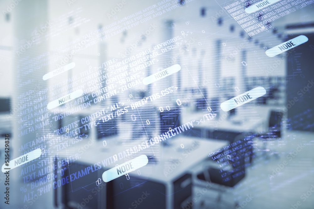 Foto de Stock Multi exposure of abstract programming language hologram ...