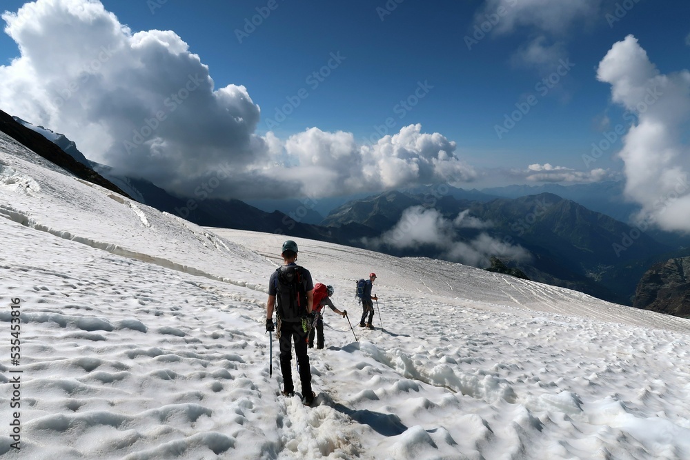 Multi day summer expedition through some glaciers in the alps. On the ...