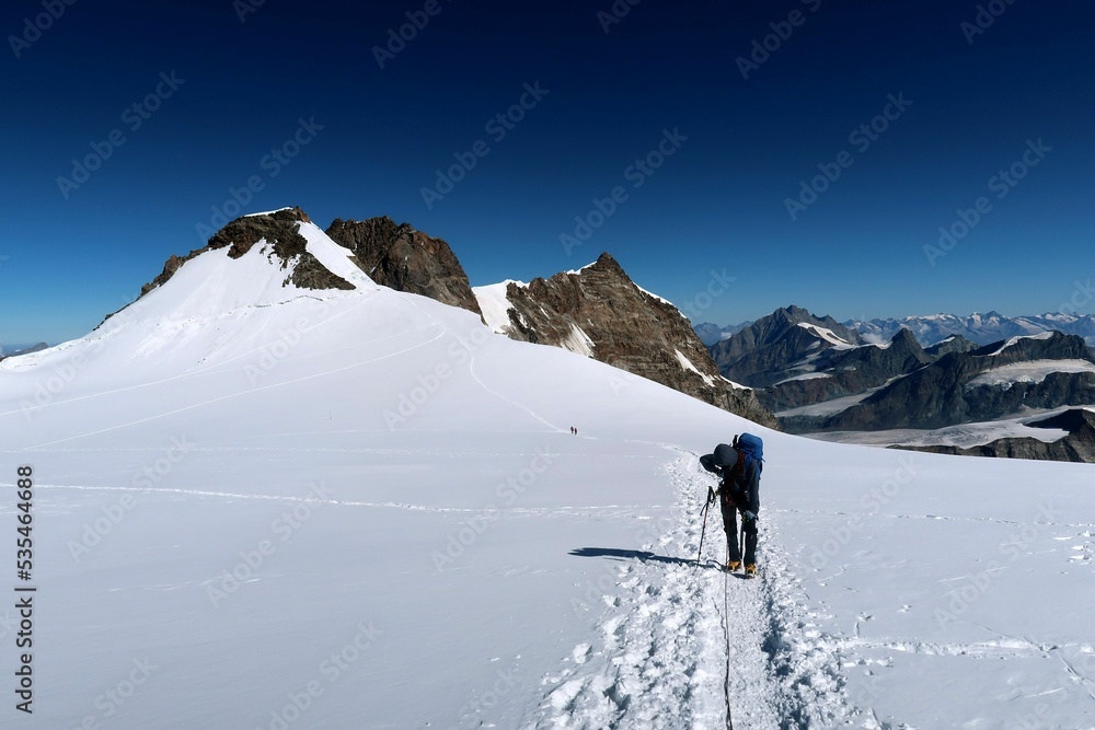Multi day summer expedition through some glaciers in the alps. On the ...