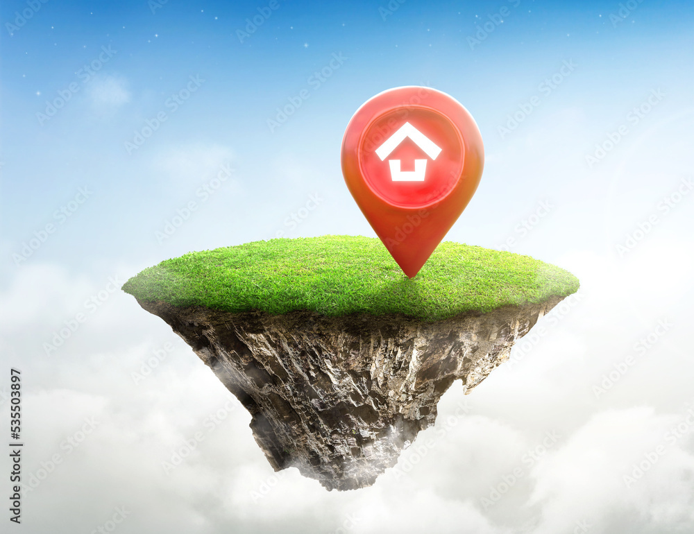 House symbol with location pin icon on round soil ground cross section ...