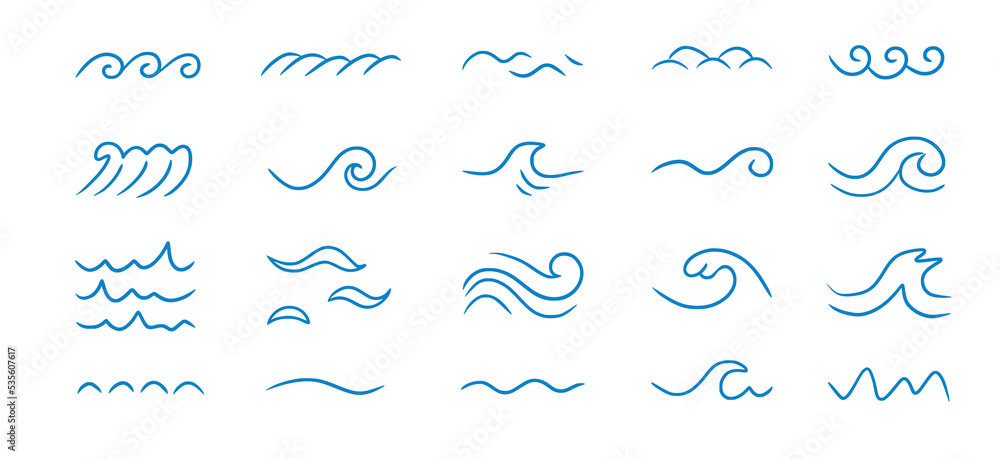 Wave sea line doodle icon set. Hand drawn sketch water wave outline ...