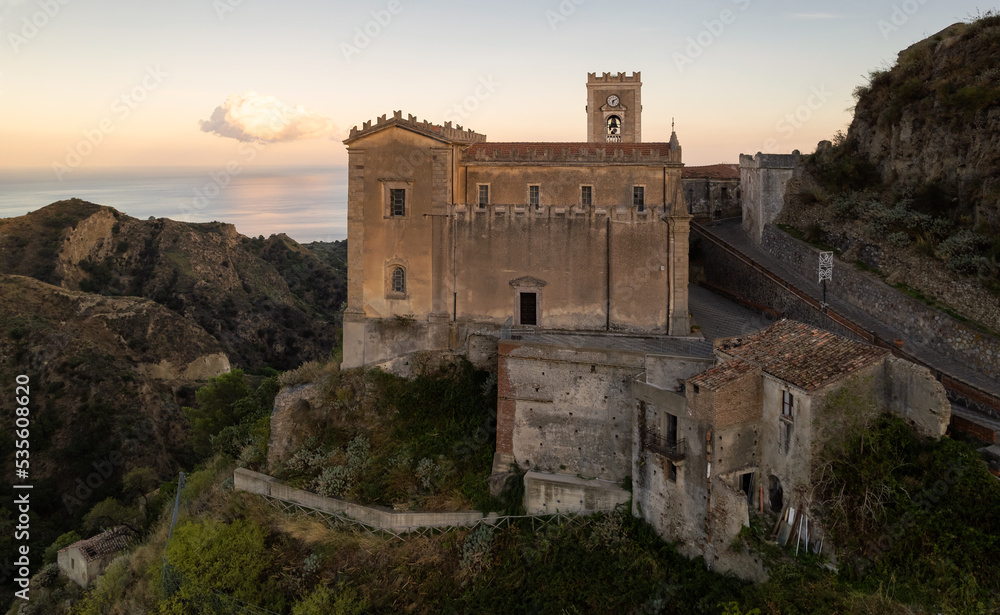 Savoca village in Sicily, Italy. Aerial view of Sicilian village Savoca ...