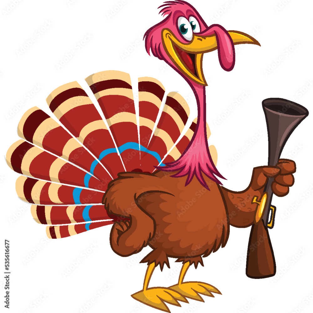 Cartoon happy cute thanksgiving turkey bird holding a gun. Vector ...