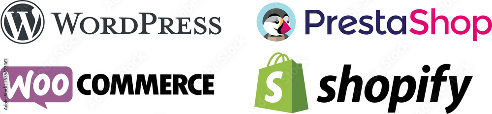 CMS systems logo vector set : WordPress, Shopify, WooCommerce ...