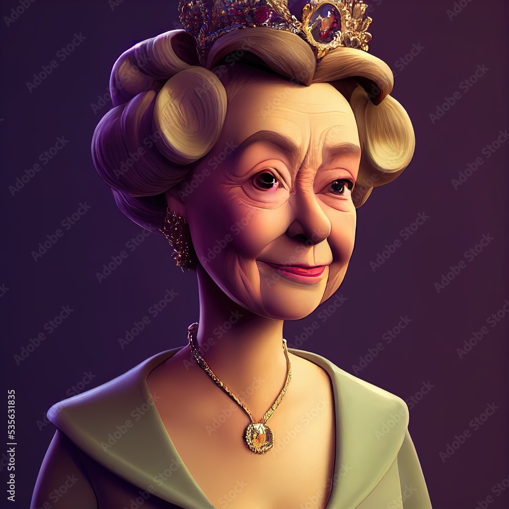 Middle age queen of big nation wearing crown. Cartoon big eyed close up ...