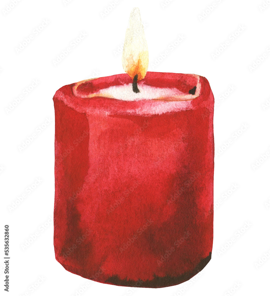 Watercolor Christmas red candle. Hand drawn PNG illustration on ...