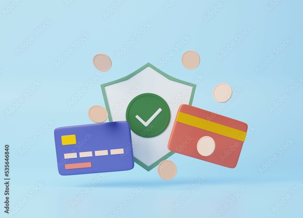 Cartoon protection shield icon and check mark with security, coins ...