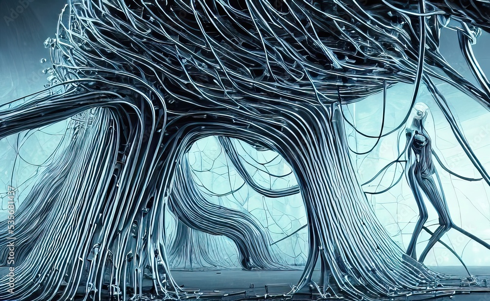 Person brain connected via wires and veins to an ai biomech ethereal ...