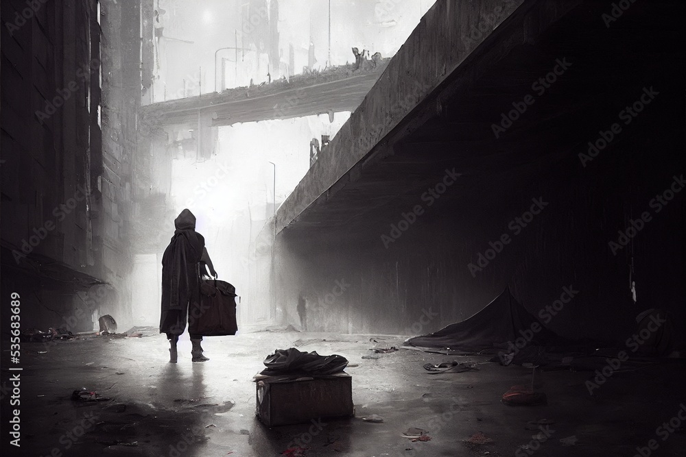 Poverty and homelessness digital illustration, computer-generated to ...