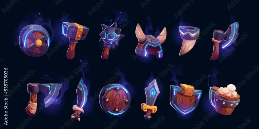Viking game props icons, neon glowing medieval battle axe, mace, wine horn, helmet, sword and ...