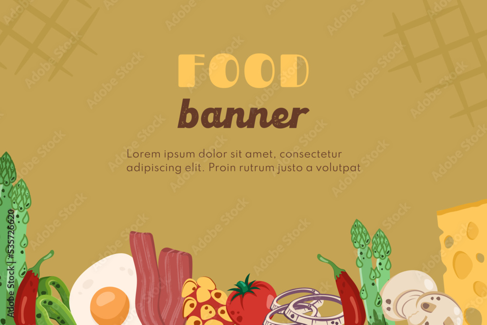 Horizontal background with different vegetables, egg, bacon, mushrooms ...