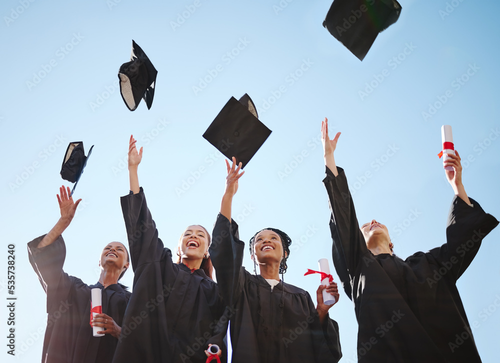 Graduation, students and education goal success celebration with happy ...