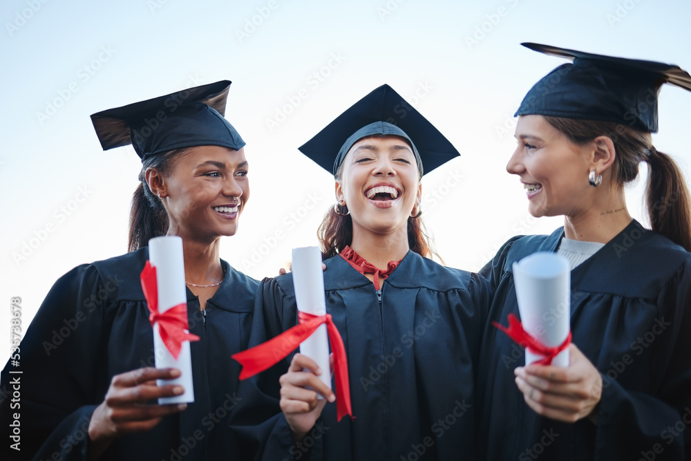 Graduation, students and friends laughing and celebrating at ceremony ...